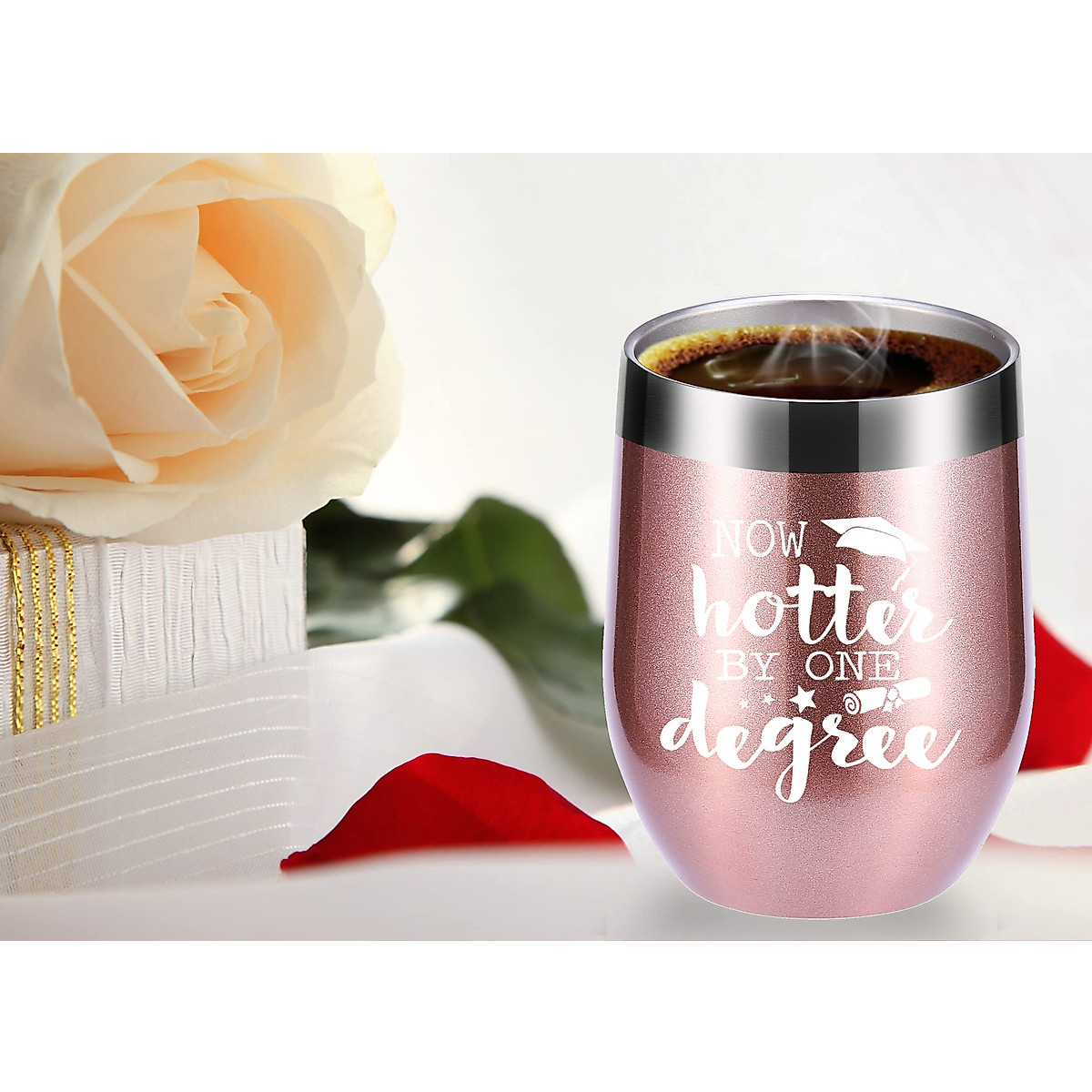 momocici Now Hotter by One Degree 12 OZ Wine Tumbler.Graduation Gifts. Gift for College and High School Graduates.College Grad Masters Degree Gifts for Men Women Mug(Rose Gold)