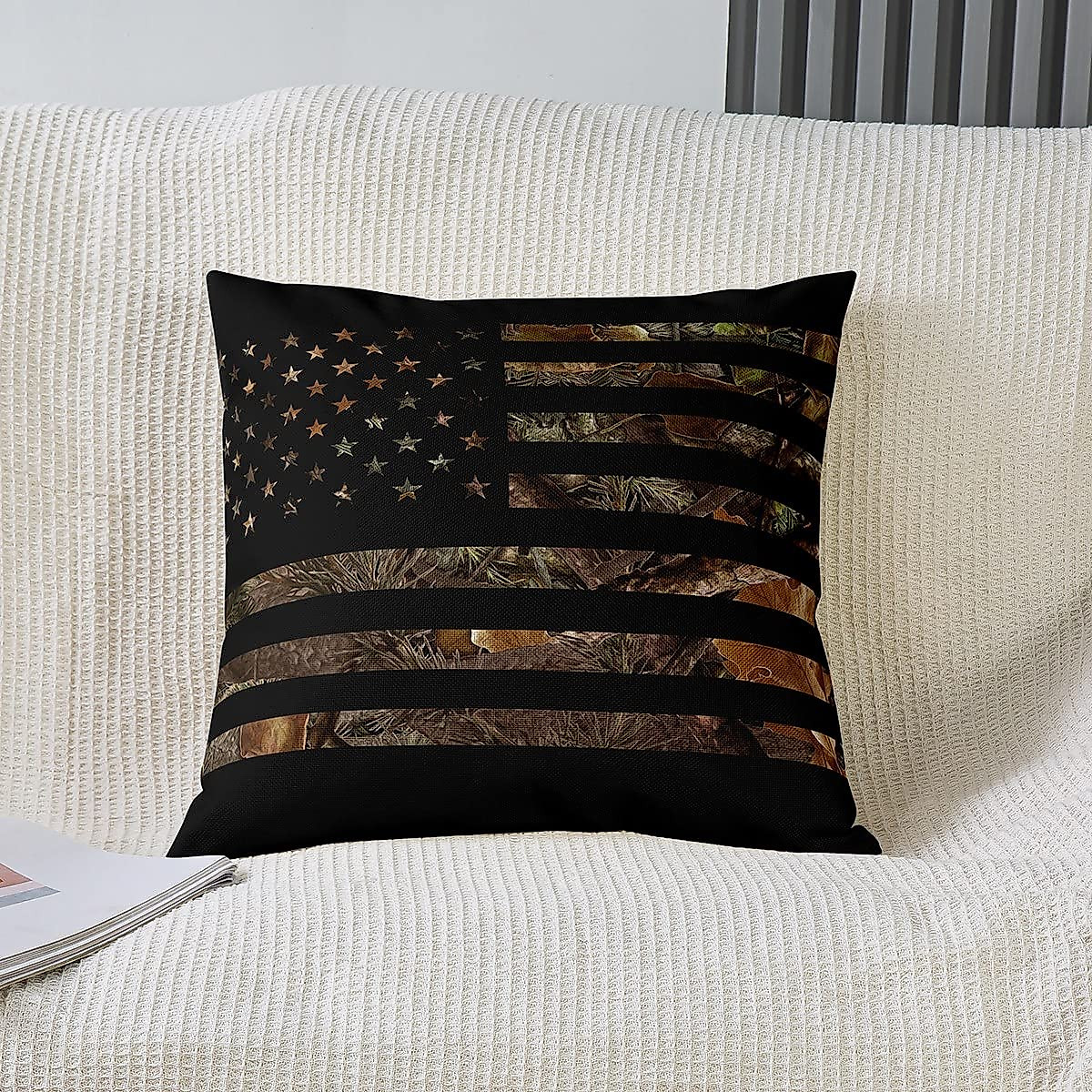 American Flag Camo Throw Pillow Cover 22x22, Military Hunting Pillow Cover, Rustic Tree Leaves Camouflage Cushion Case, Nature Conifer Oak Branches Decorative Pillow Cover For Boys, Black Brown