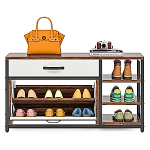 Tribesigns Flip Drawer Shoe Storage Bench, Hidden Shoe Cabinet with Drawer and 4 Tiers Shelves, 4 in 1 Tipping Bucket Shoe Storage Rack for Entryway, Hallway, Living Room, Rustic Brown & White