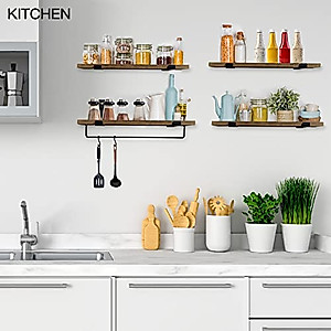 Vppiis Floating Shelves for Bedroom Bathroom, Nature Wood Wall Mounted Book Shelf, Wall Shelves Storage for Living Room Kitchen Office with Towel Rack and 2 Hooks Set of 4