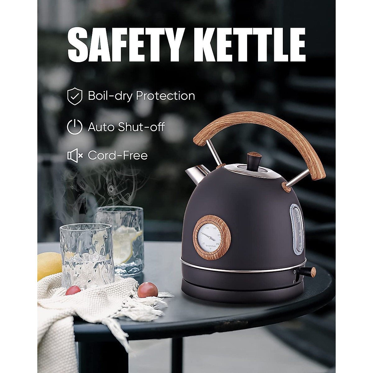 Electric Kettle, Talafa 1.7L / 1500W Electric Tea Kettles for Boiling Water, Stainless Steel Hot Water Boiler with Thermometer, Auto Shut-off & Boil-Dry Protection, Anti-scald Wood Handle, Black