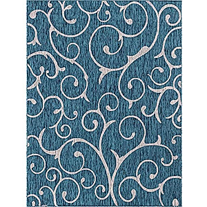 Unique Loom Outdoor Botanical Collection Area Rug - Curl (9' x 12' Rectangle, Teal/ Ivory)