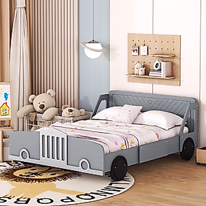 Harper & Bright Designs Full Size Car Bed for Kids, Wood Platform Bed with Wheels, Headboard and Footboard, Race Car Bed Frame with Slats Support for Boys Girls, Gray