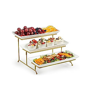 Large 3 Tier Serving Stand Tiered Serving Trays Collapsible Sturdier Rack with 3 Porcelain Serving Platters for Fruit Dessert Presentation Party Display Set, 14 Inch