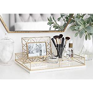 Kate and Laurel Mendel Rectangle Tray with Decorative Metal Rim, 16.5 x 12, White and Gold
