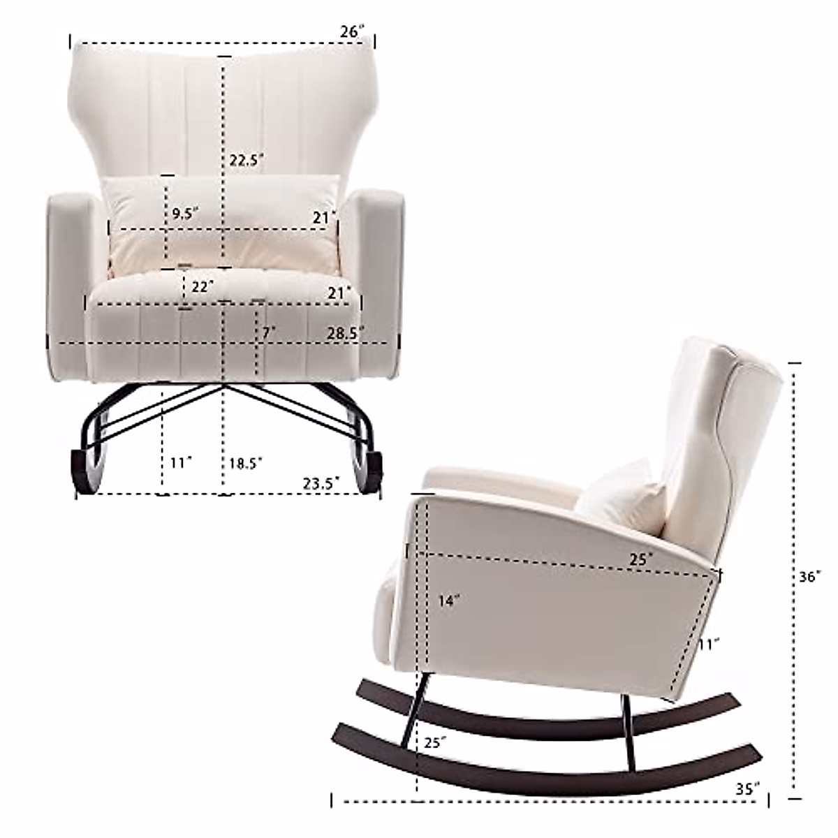 SZUBEE Modern Velvet Nursery, Accent Rocking Chair with with Solid Metal Legs, Upholstered Comfy Glider Rocker for Reading, Bedroom and Living Room,Beige