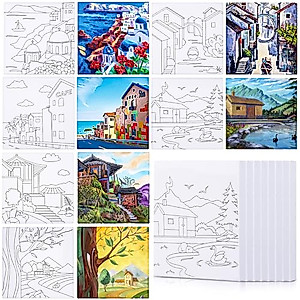 Meanplan 12 Pcs Pre Drawn Outline Canvas 10 x 8 Inch, Pre Drawn Stretched Canvas Painting Boards for Painting Art Party Favor for Adult Student Kids DIY(Scenery)