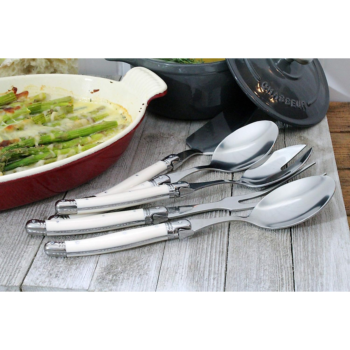 French Home Laguiole Hostess Set – 5-Piece Serving Utensils Set with Slotted Serving Spoon, Spatula, Serving Fork, and 2 Serving Spoons – Elegant and Versatile Laguiole Flatware Set