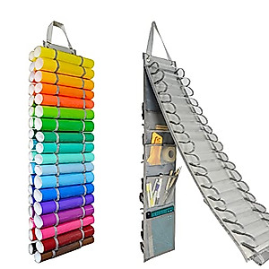 Tunnkit Vinyl Roll Holder - 36 Compartments Vinyl Storage Organizer with 7 Mesh Pockets Storage, Wall Mount/Over The Door Vinyl Roll Storage, with 2 Hooks and 2 Hanging Straps (Grey)