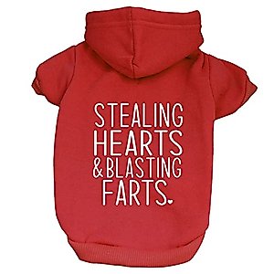Stealing Hearts & Blasting Farts Valentine's Day Pullover Fleece Lined Dog Hoodie with Leash Hole (Red Hooded Sweatshirt)