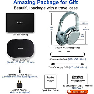 Srhythm NC35 Noise Cancelling Headphones Wireless Bluetooth 5.3, Fast Charge Over-Ear Lightweight Headset with Microphones,Mega Bass 50+ Hours’ Playtime