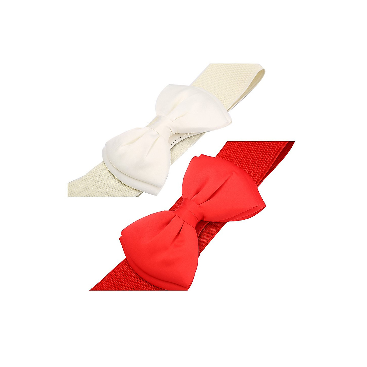 Allegra K Women Press Studs Closure Bowknot Elastic Waist Belt White+Red