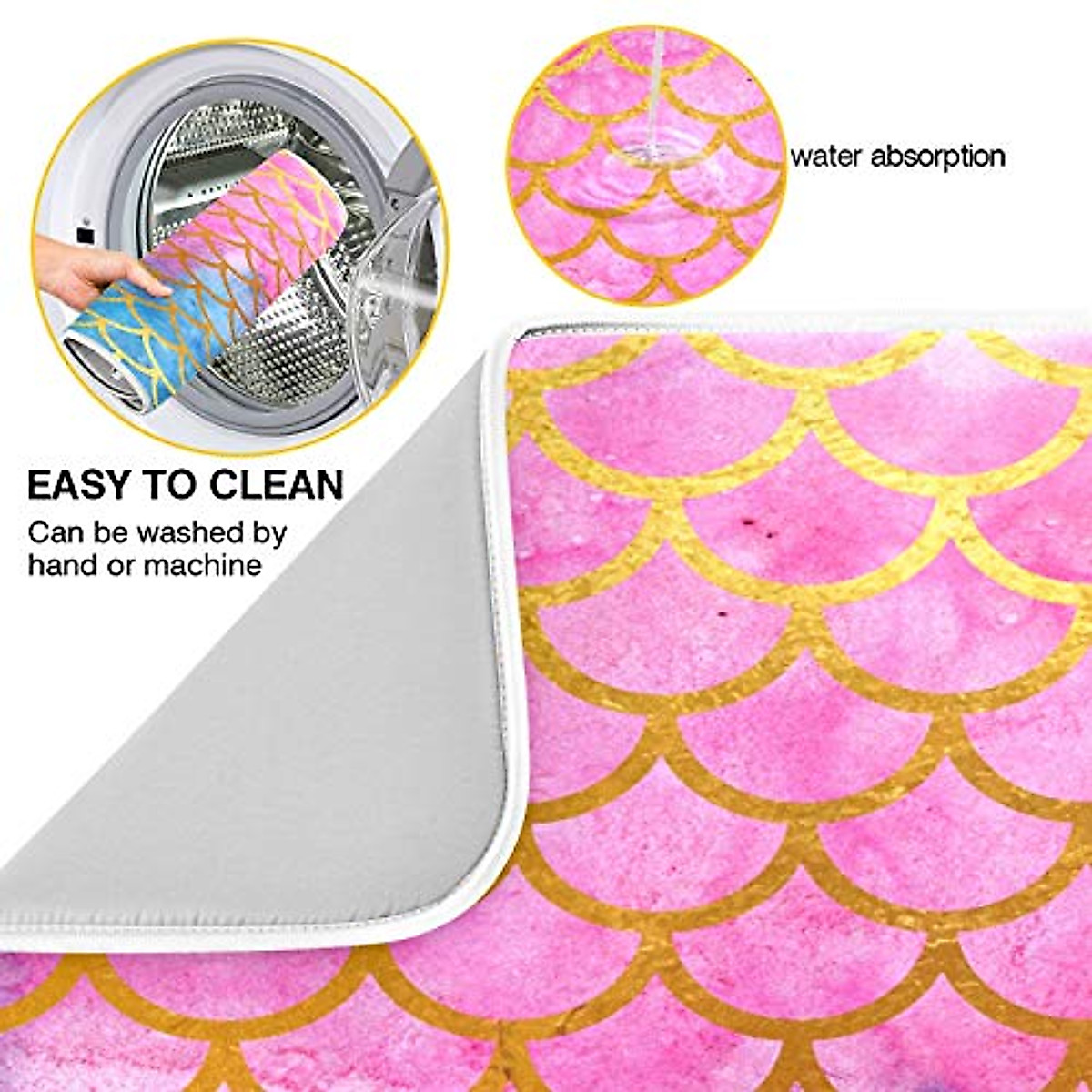 Sea Mermaid Scales Dish Drying Mat 16"x18" Absorbent Machine Washable Hanging Fast Dry Pad Dish Protective Mat for Kitchen Countertop Heat Resistant Dinner Table Mat