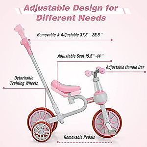 OLAKIDS Toddler Tricycle, 5 in 1 Kids Trike for Age 2-4 with Push Handle, Baby Bike with Adjustable Seat and Handle, Removable Pedal and Training Wheels for Boys Girls Toy Gift (Pink)