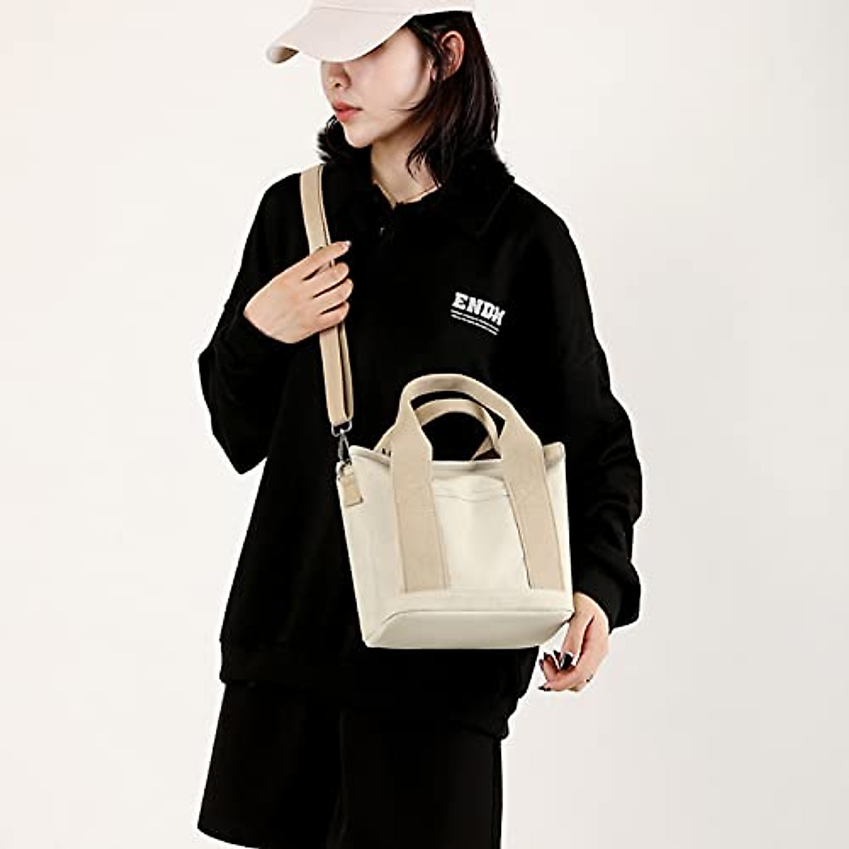 WITATAOGE Large Capacity Multi-Pocket Handbag Canvas Tote Crossbody Shoulder Bag Top Handle Purse for School Daily Travel (Beige)