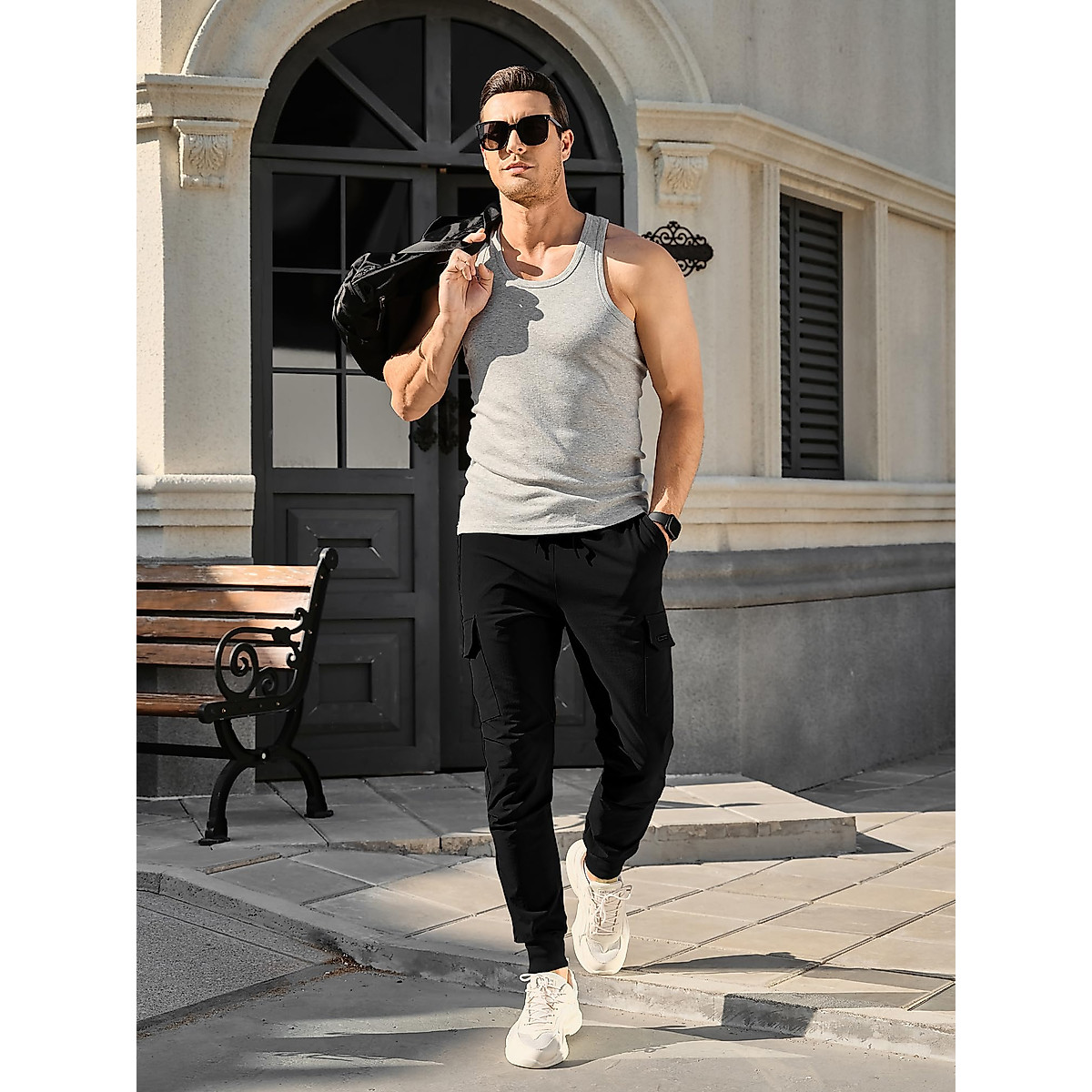 Comdecevis Men's Cargo Jogger Pants Stretch Sweatpants Slim Fit Tactical Pants with Zipper Pockets Casual Trousers Black 3X-Large