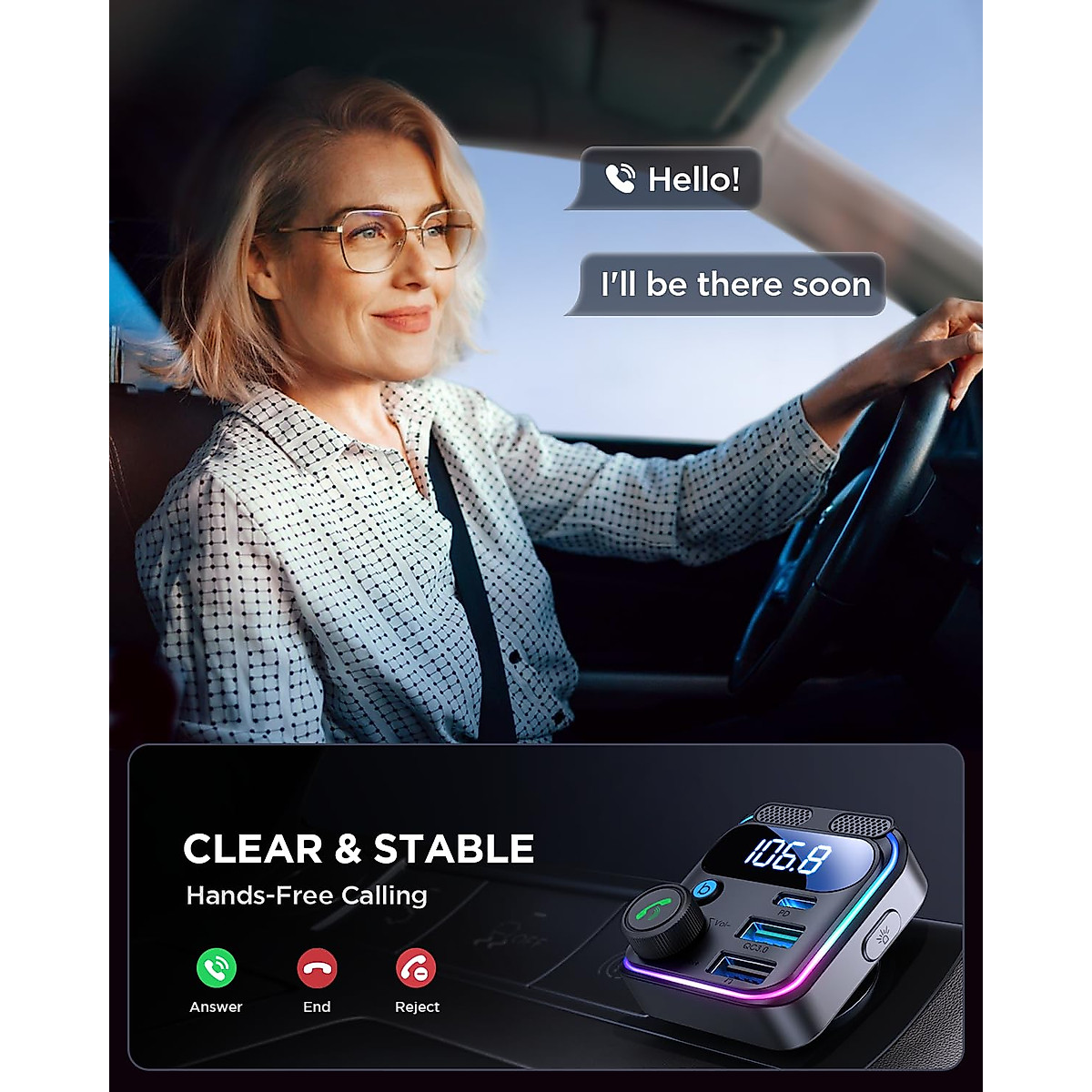 2023 Upgrade Bluetooth 5.3 FM Transmitter Car Adapter [Stronger Dual Mics & HiFi Deep Bass Sound] 48W PD& QC3.0 USB C Car Charger Cigarette Lighter Adapter, Hands-Free Calling Radio Stereo Receiver