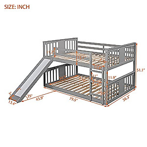 ERDAYE Full Over Full Bunk Bed with Slide and Ladder, Wood Bunkbed w/Safety Guardrails, Solid Slat Support Bedframe for Kids Teens, No Box Spring Needed, Grey