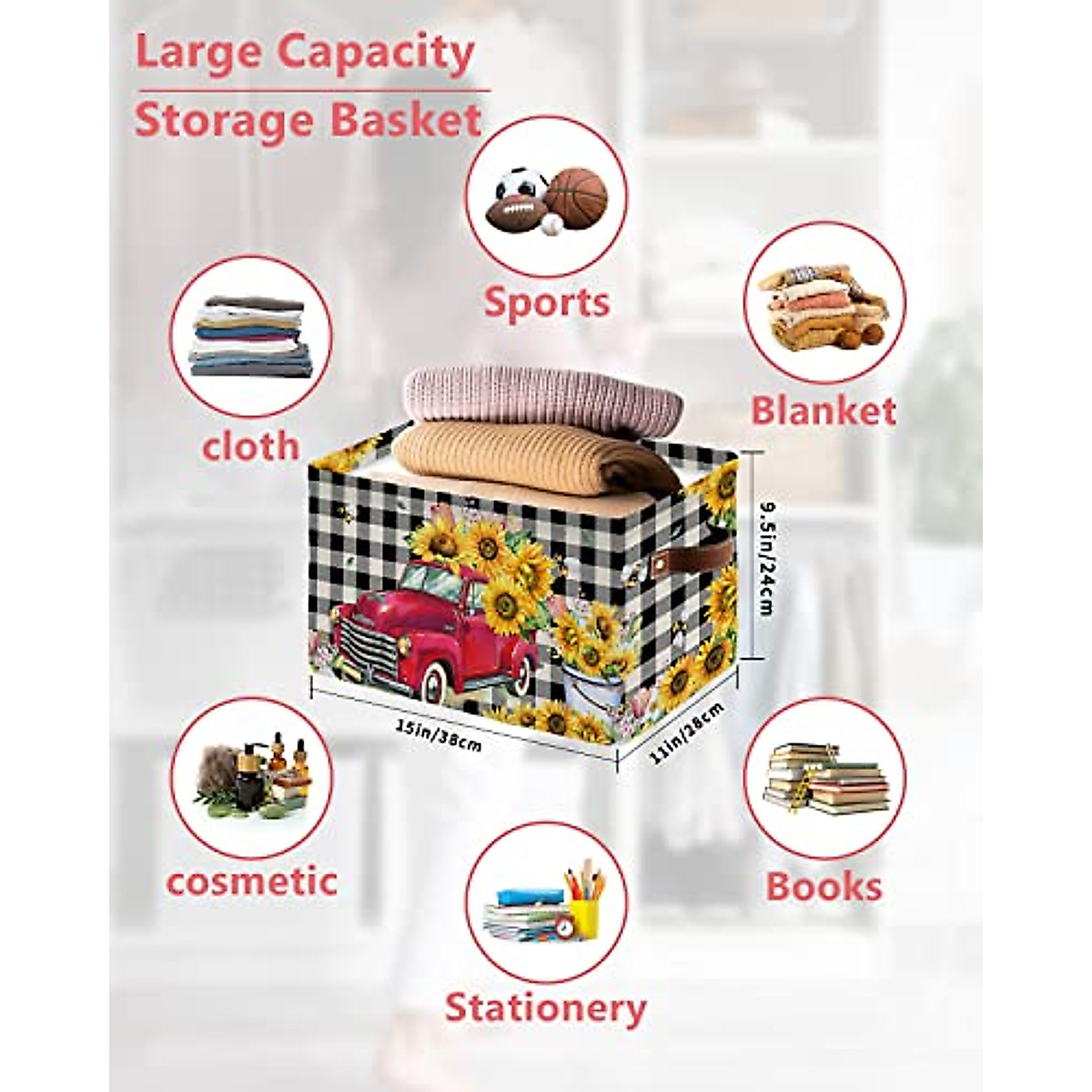 1 PC Large Storage Basket Bins Waterproof Fabric, Spring Sunflower Tulip Bee Floral Rectangular Storage Box for Shelf Closet Organizer Summer Red Truck Flower Black Plaid