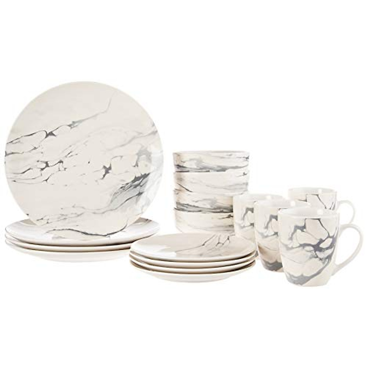 American Atelier Round Dinnerware Sets | White & Gray Kitchen Plates, Bowls, and Mugs | 16 Piece Stoneware Marble Collection 10.5 x 10.5 | Dishwasher & Microwave Safe | Service for 4