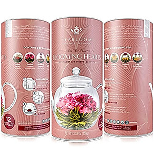 Teabloom Heart-Shaped Flowering Teas – 12 Assorted Blooming Tea Flowers – Green Tea + Jasmine, Pomegranate, Strawberry, Rose, Litchi & Peach
