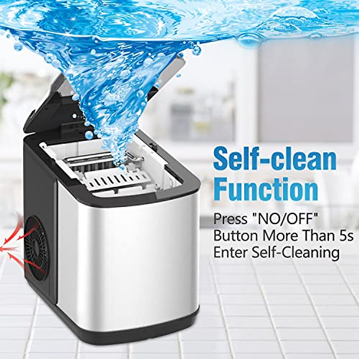 VECYS Stainless Steel Countertop Ice Maker 26LBS Daily Ice Making Capacity, Portable Ice Machine with Self-Clean Function, Perfect for Home and Office