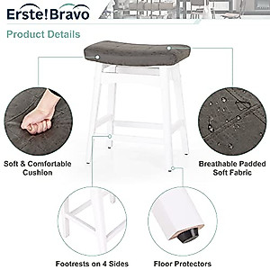 Erste!Bravo White Solid Wood Bar Stools Set of 2 for Kitchen Counter Height Barstools with Faux Leather Saddle Seat Farmhouse Upholstered Stools for 34"-38" Counter Island, Grey Cushion & White Legs