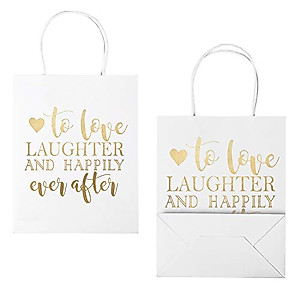LaRibbons Medium Size Gift Bags - Gold Foil to Love Laughter and Happily Ever After White Paper Bags with Handles for Wedding, Birthday, Baby Shower, Party Favors - 12 Pack - 8" x 4" x 10"