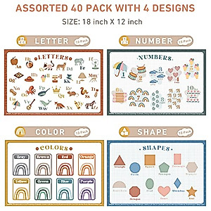 Babebay Disposable Placemats for Baby, 40 Pack Sticky Toddler Placemat for Restaurants, Dining Table, Party, Travel, 12" x 18" Placemats with 4 Designs, Fun and Learning Placemats for Kids