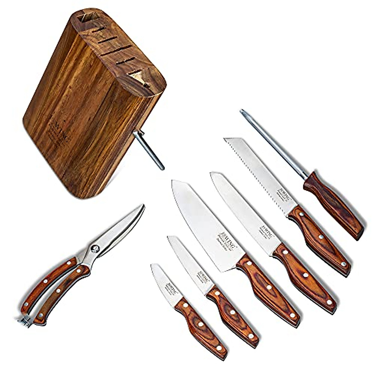 Professional 8-Piece German High Carbon Stainless Steel Kitchen Knife Set, Premium Forged Full Tang Chef Knives Set with Wood Block