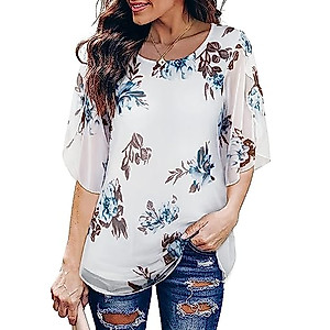 SeSe Code Bell Sleeve Tops for Women Mesh Shirt Chiffon Tunic Floral Fancy Shirts Spring Cute Tops for Women Holiday Blouse Dressy White XL