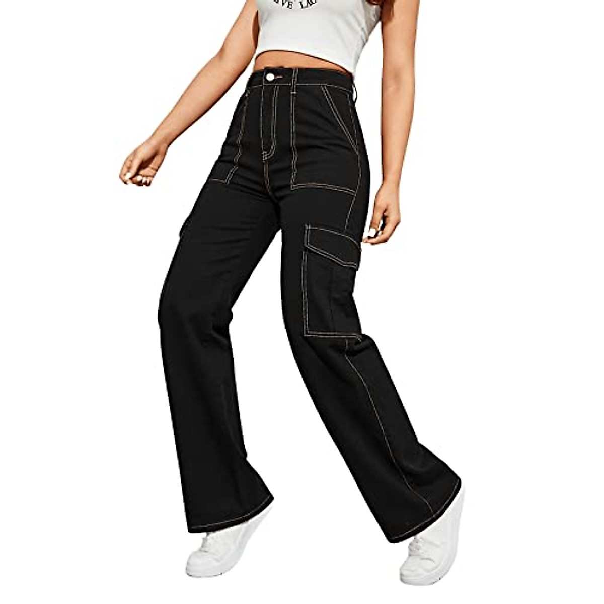 SweatyRocks Women's High Waist Cargo Jeans Flap Pocket Wide Leg Denim Pants Solid Black XXS