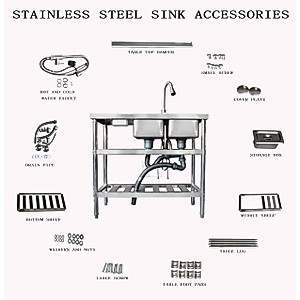 Qian Kun Industrial Grade Left-Hand Utility Sink Station with 304 Stainless Steel Double Bowl - 39.3x19.7x35.4Inch - NSF Certified - Ideal for Outdoor, Commercial, Garage, and Kitchen Use