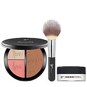 IT Cosmetics Instant Vitality Makeup Set - Includes Bye Bye Pores Pressed Setting Powder + Bronzer, Luminizer & Blush Palette + Wand Ball Powder Brush - Visibly Reduces Fine Lines & Wrinkles