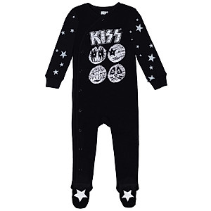 KISS Newborn Baby Boys Coverall, Bodysuit, French Terry Shorts and Bib 4 Piece Rock Outfit Set Red/White/Black 6-9 Months