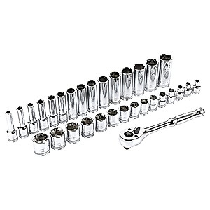 ARES 47004-32-Piece 3/8-inch Drive Metric Socket and 90-Tooth Ratchet Set with Magnetic Organizer - Sizes 6mm to 20mm Deep and Shallow Sockets