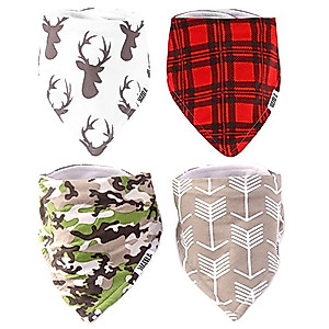 Stadela 100% Cotton Baby Bandana Drool Bibs for Drooling and Teething Nursery Burp Cloths 4 Pack Gift Set for Boys Hunting Adventure with Deer Antler Arrows Plaid Woodland Forest Animal