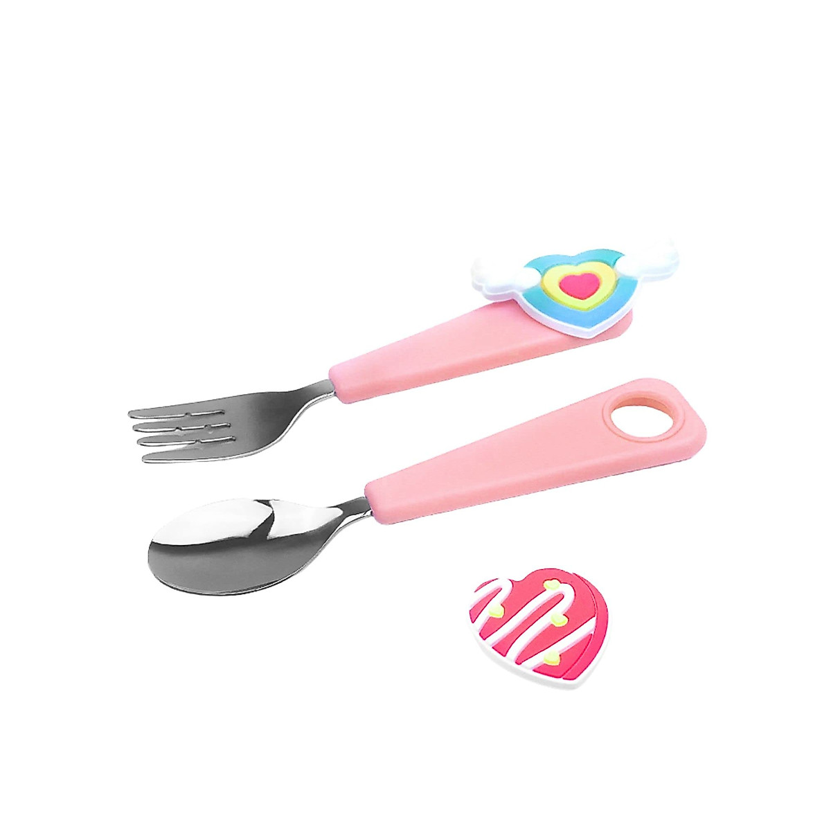 Flex&Lock Flexwarez Kids Utensil Set with Flexcharmz Silicone Charms Accessories - Easy to Decorate Spoon and Fork - Fun lunch for Toddler and Kids - Unicorn World Theme/ 2 Pack/Heart & Heart Donut
