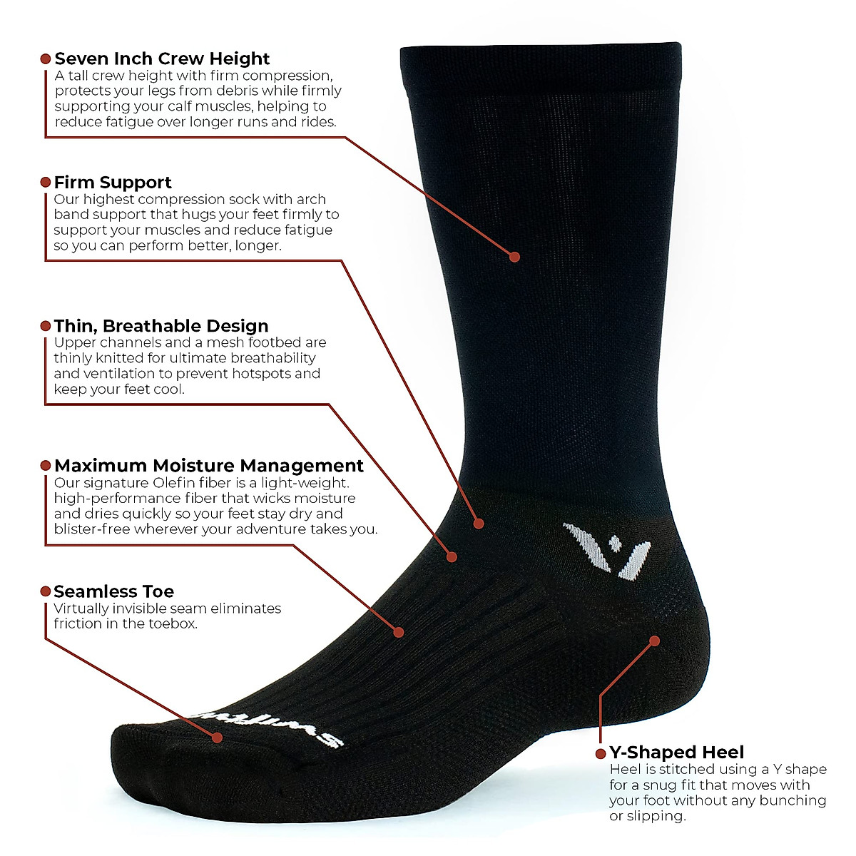 Swiftwick- ASPIRE SEVEN (3 Pairs) Cycling Socks, Firm Compression Fit, Tall Crew (Black, Medium)