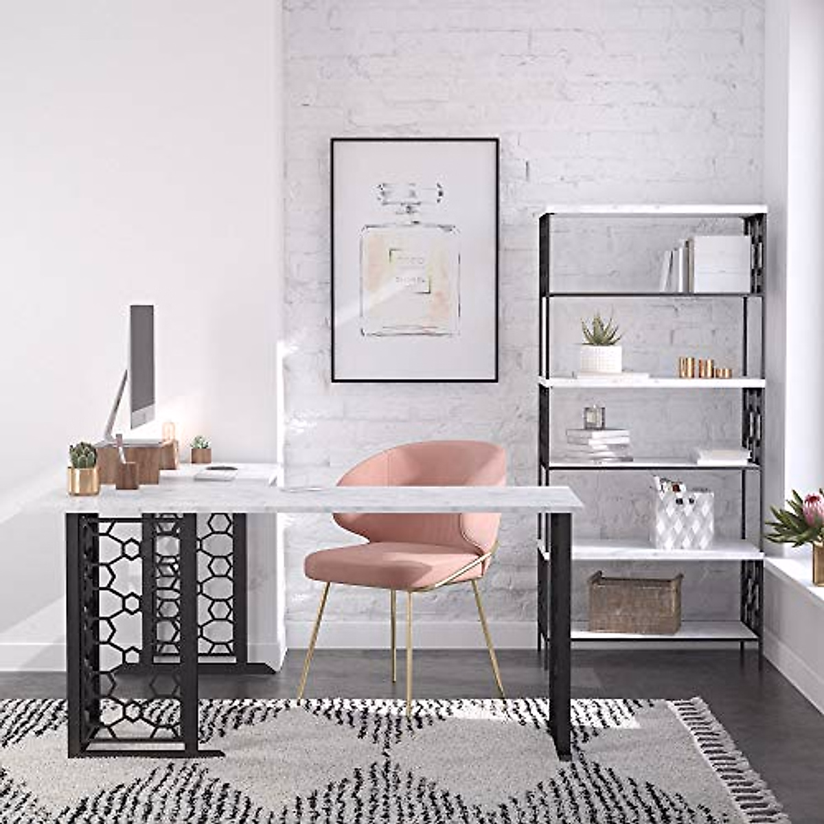 CosmoLiving by Cosmopolitan Ella L, White Marble/Black Desk