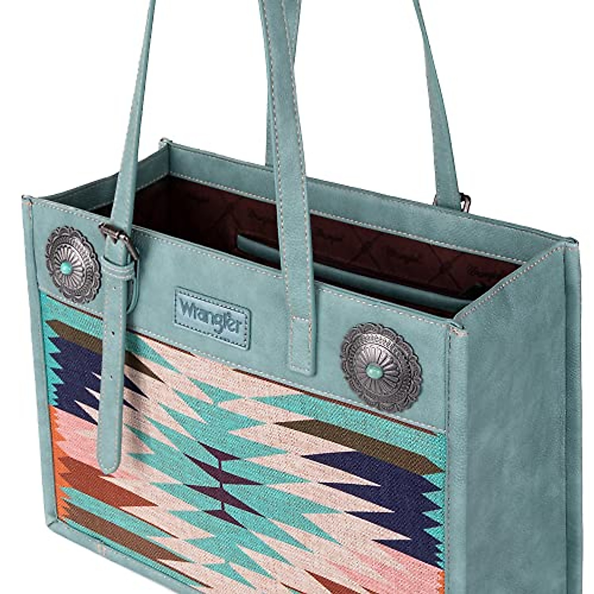 Wrangler Open Shoulder Bag without Zipper Laptop Tote Handbags with Top Handle for Women Turquoise Colour Aztec Printed Canvas Adjustable Strap Hobo Bag L14.5",WG52-8250TQ