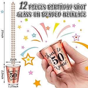 Uiifan 12 Pieces 40th 50th 60th Shot Glasses Necklace Birthday Plastic Cups Necklace on Beaded for Birthday Party Anniversary Supplies, Black and Rose Gold(50th)
