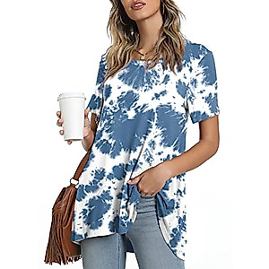 POPYOUNG Women's Summer Casual Short Sleeve Tunic Top for Leggings Crewneck Shirt Loose Blouse XXL, Blue Tie Dye