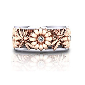 FLYYQMIAO Silver rings Women's Elegant Sunflower Dragonfly Hollow Finger Ring Band Jewelry Cubic Zirconia Ring with Side Stone Copper Leaf Eternity Band (8)