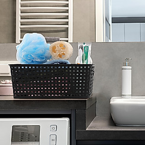 Qqbine Plastic Weave Storage Baskets, Plastic Shelf Basket Bins, Black, 4 Packs