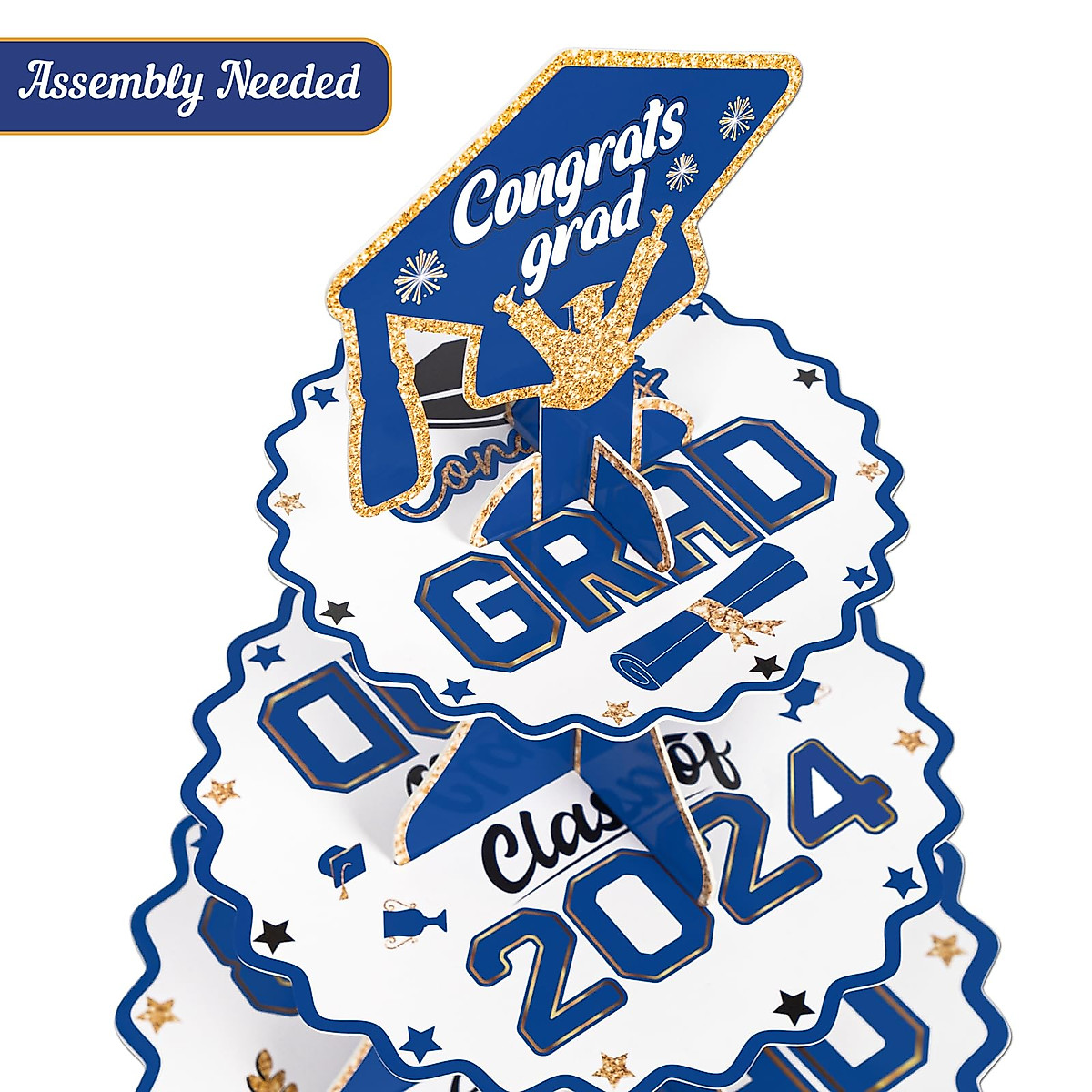 jollylife 2 Set Graduation Decorations Class of 2024 Blue and Gold Cupcake Stand,3-Tier Cardboard Congrats Grad Tower Plus 24 Cake Toppers Party Supplies Decor(Assembly Needed)