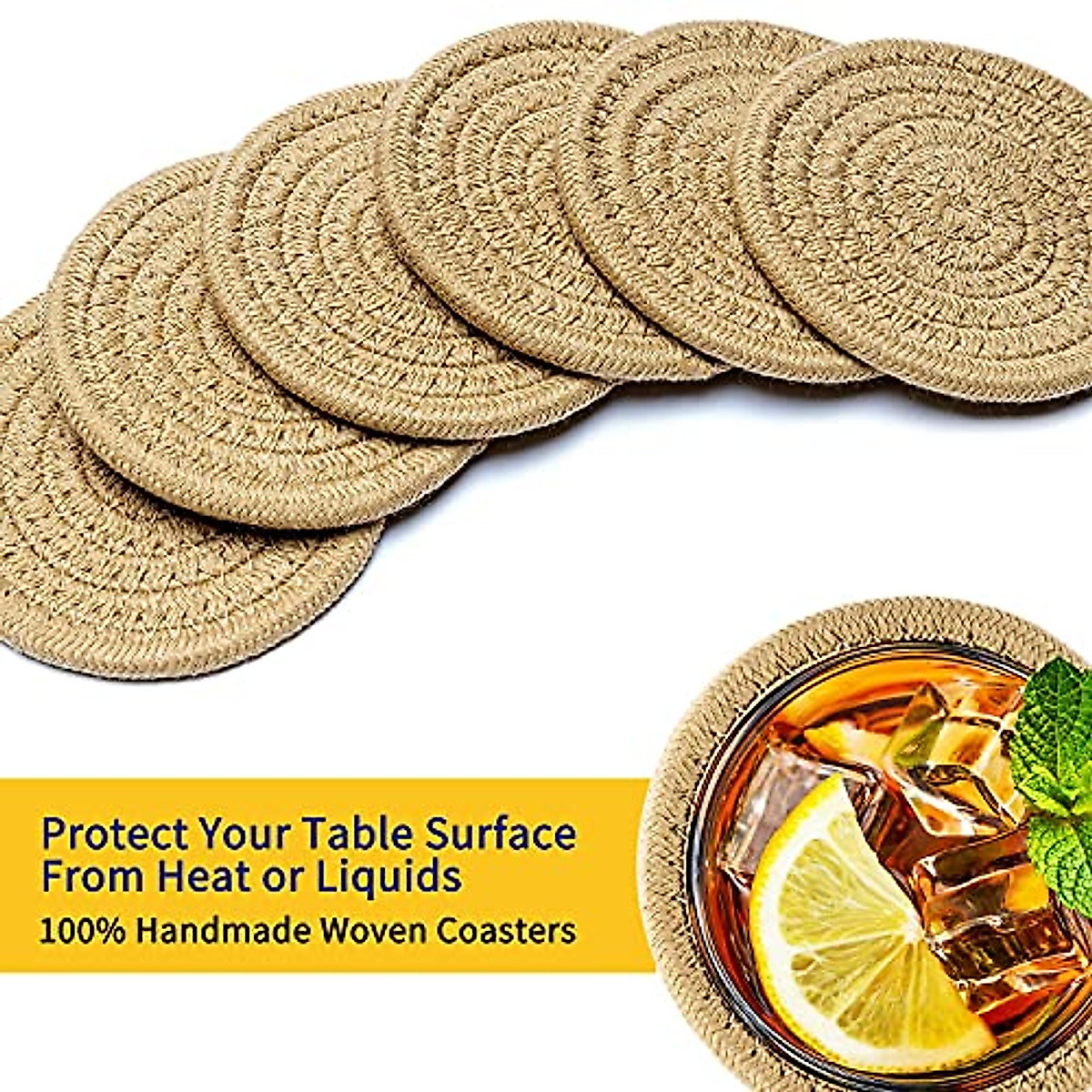 Coasters for Drinks, Absorbent Coasters for Coffee Table, Wooden Table, Farmhouse Coaster Set, Handmade Braided Coasters for Tabletop Protection (Brown, 6)