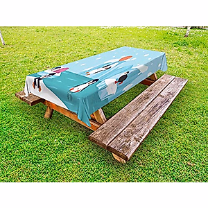 Ambesonne North Pole Outdoor Tablecloth, Penguins on Ice Glaciers Funny Animal Characters Print, Decorative Washable Picnic Table Cloth, 58" X 84", Pale Sky Blue Multicolor