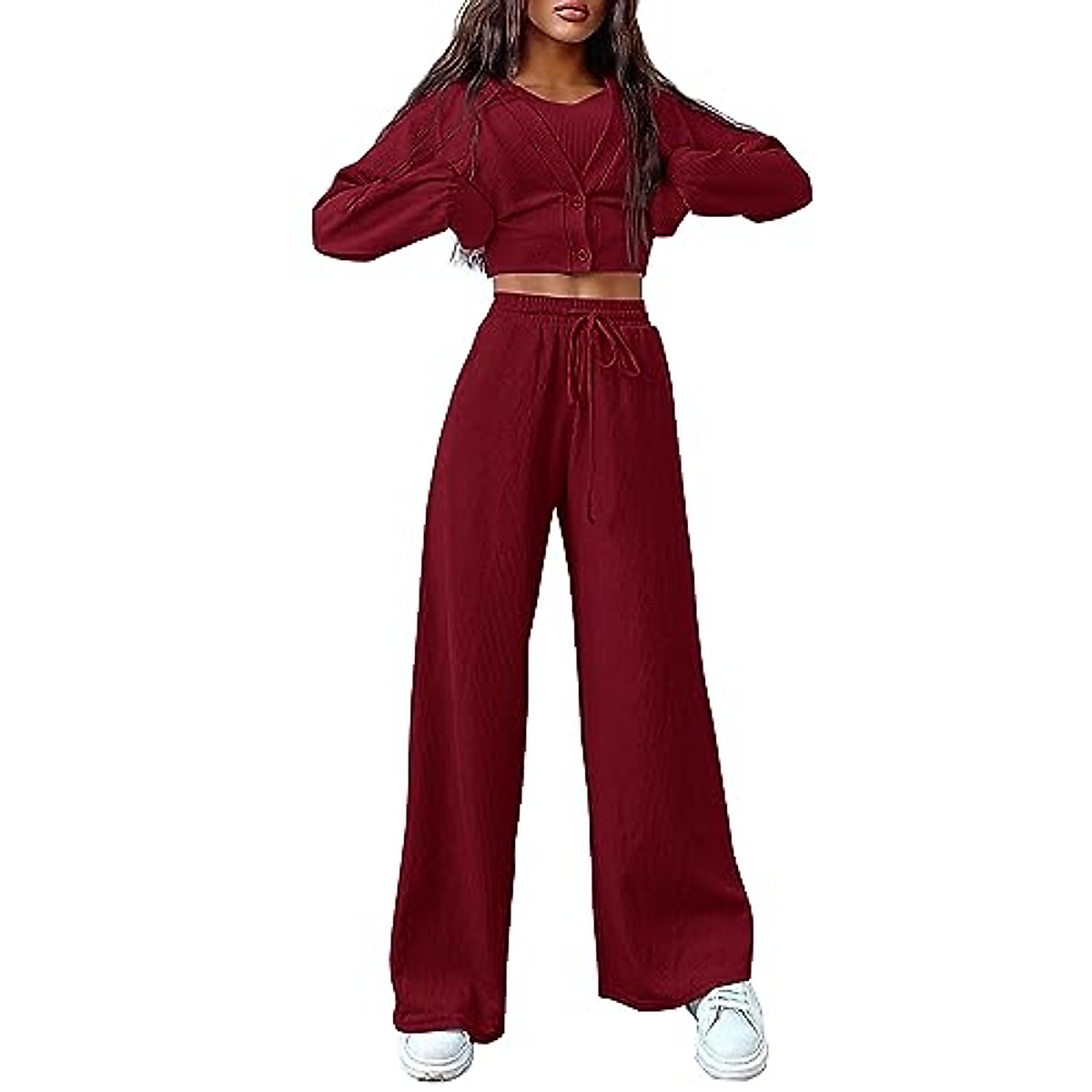 PRETTYGARDEN Womens 2024 Fall Track Suits 3 Piece Outfits Matching Sets Ribbed Knit Cardigan Cropped Tank Tops Wide Leg Pants (Wine Red,Medium)