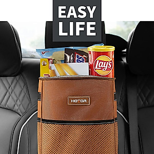 HOTOR Brown Car Trash Can with Adjustable Strap, Magnetic Snaps, Waterproof Lining, and Storage Pocket